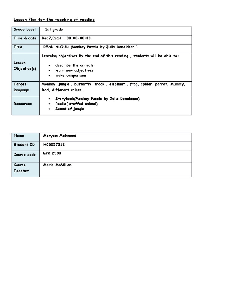 Monkey Puzzle Reading Lesson Plan | PDF