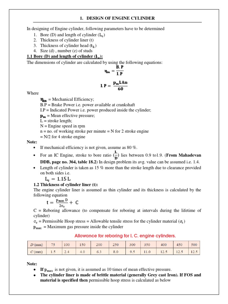 Engine Cylinder Design Parameters | PDF | Cylinder (Engine) | Internal ...