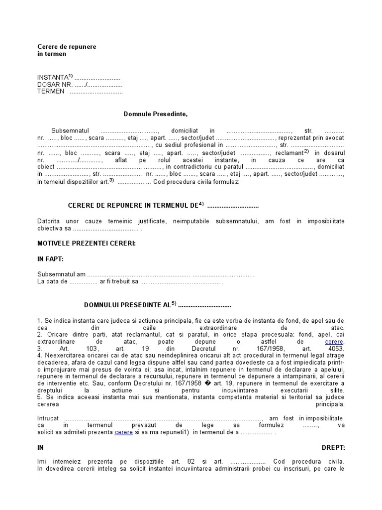 Cerere de Repunere in Termen | PDF