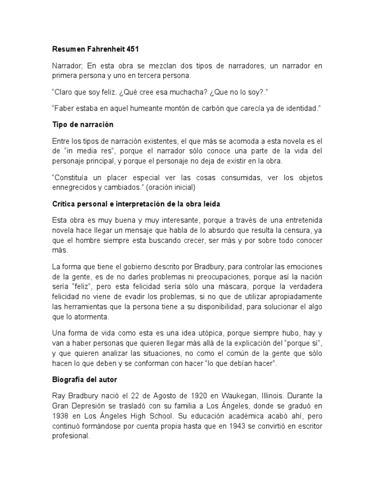 Resumen de Fahrenheit 451 | PDF | Ray Bradbury