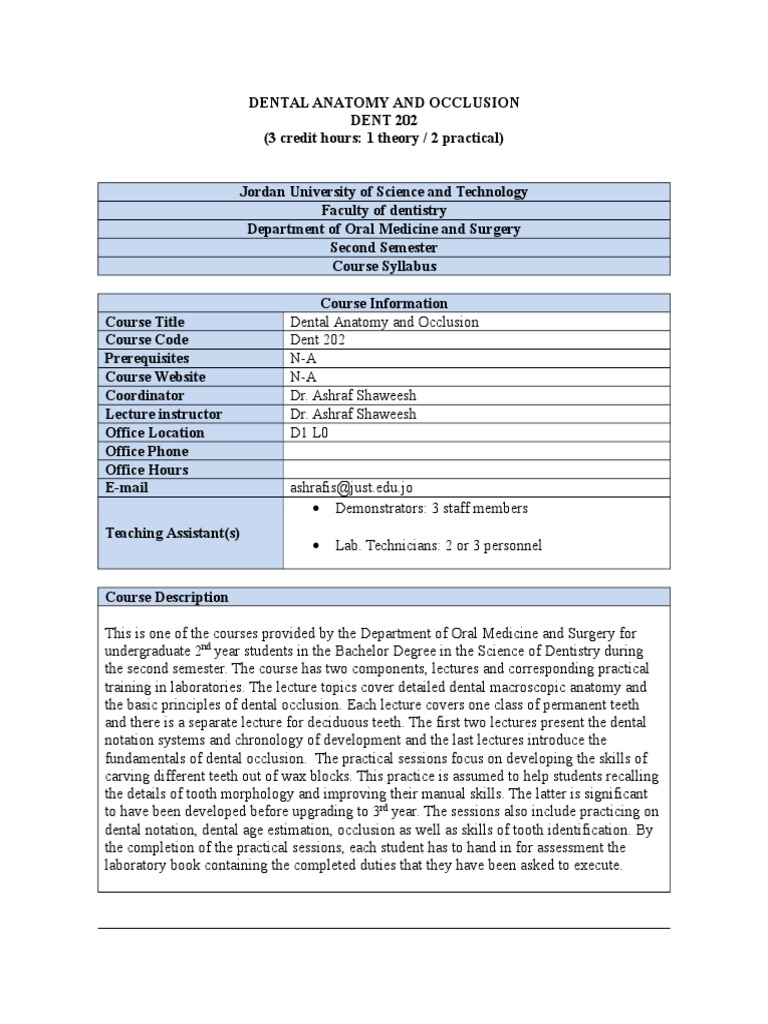 DENT 202 Course Syllabus | PDF | Dental Anatomy | Physiognomy