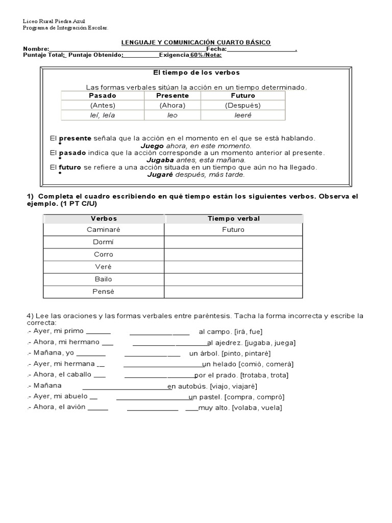 Prueba Verbos 4°básico | Verbo | Lingüística