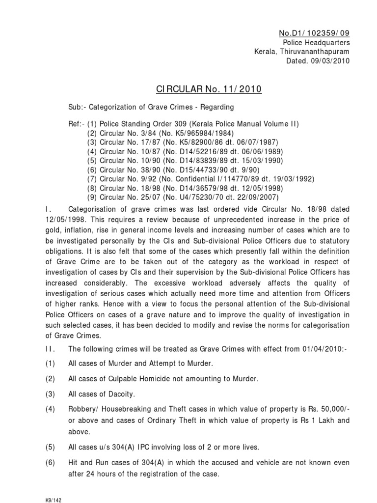 Categorization of Grave Crimes POLICE CIRCULAR | PDF | Kidnapping | Murder