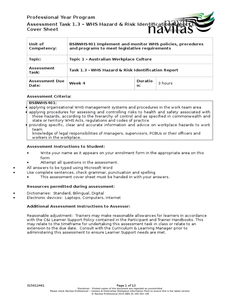AssessmentTask 1.3 - WHS Hazard Checklist | PDF | Risk | Educational ...