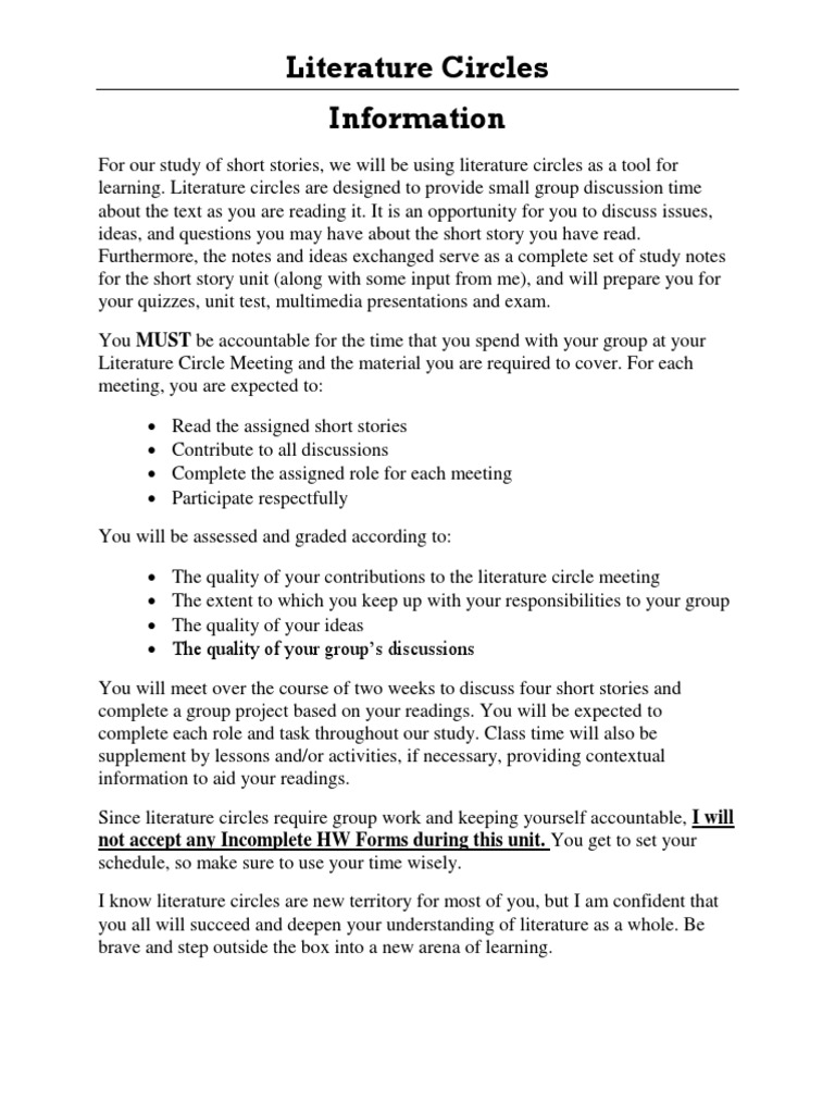 Literature Circles for Short Stories | PDF | Test (Assessment) | Pedagogy
