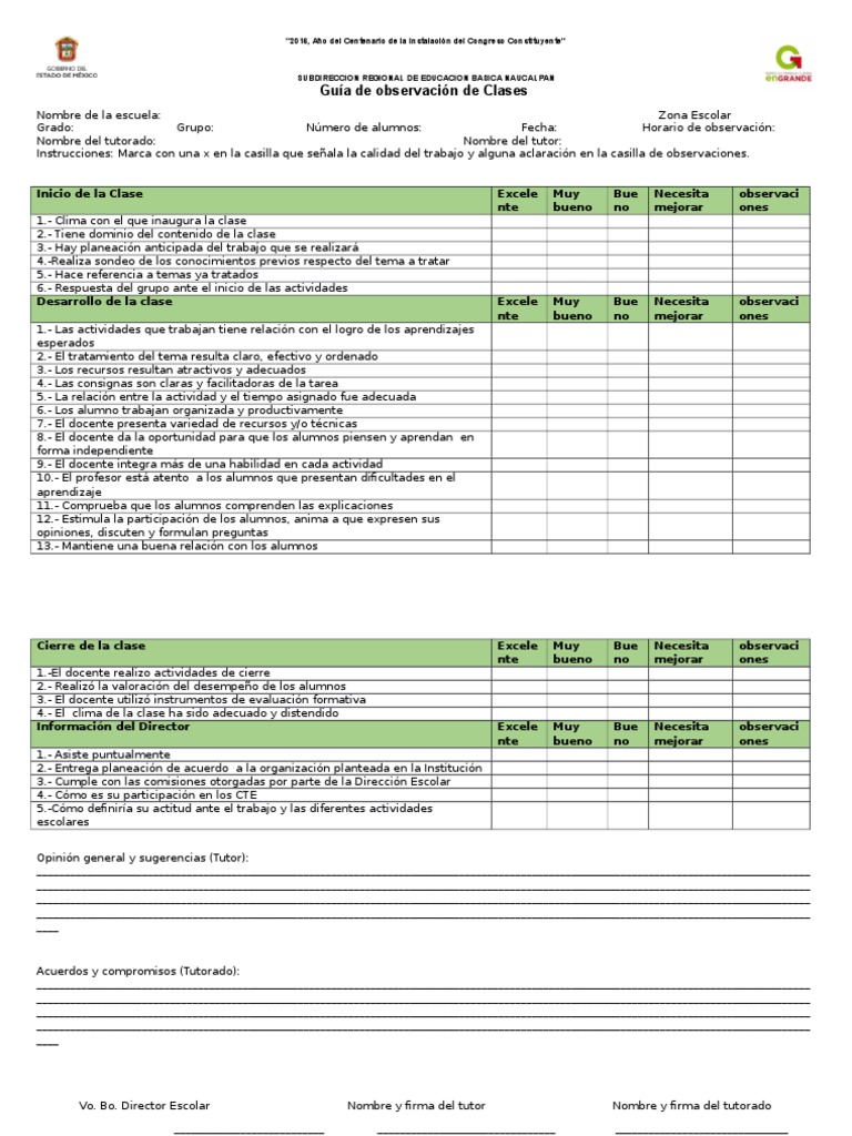 Guía de Observación de Clase Supervision Escolar Primaria | PDF ...