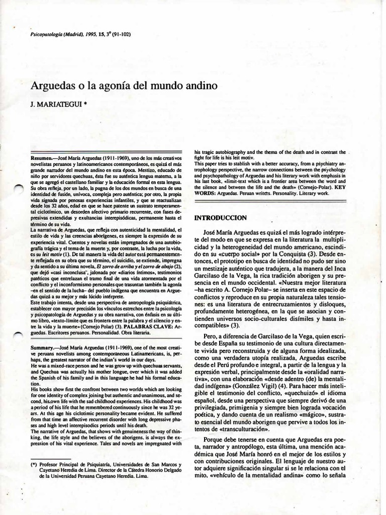 Arguedas o La Agonía Del Mundo Andino | PDF | Sicología | Science