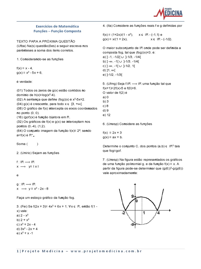 Exercícios de Matemática Funções Função Composta | PDF | Função ...