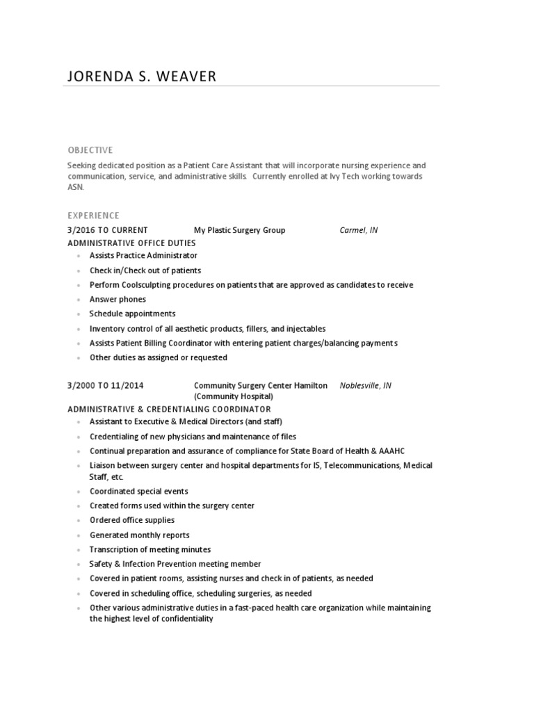 Jorenda Weaver: Patient Care Assistant Resume | PDF