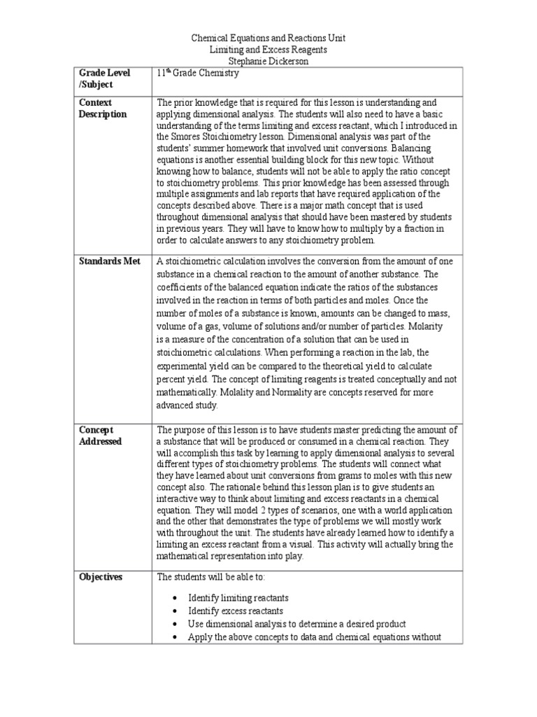 Limiting and Excess Reactants Lesson Plan | PDF | Stoichiometry | Physical Sciences