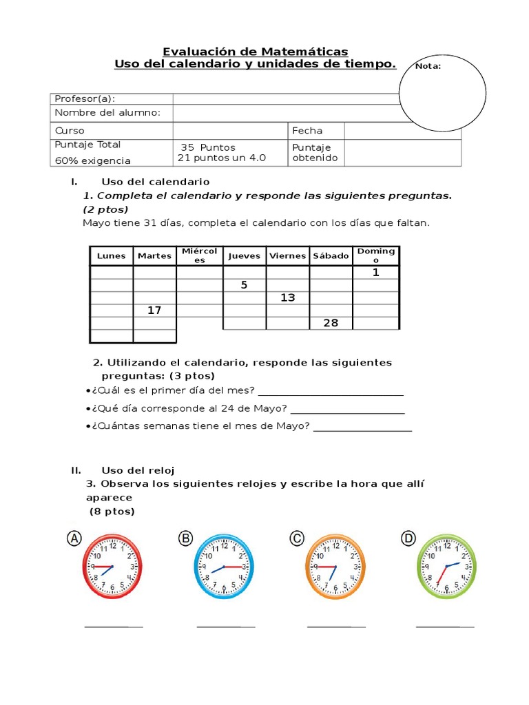 Evaluacion Unidades de Tiempo | PDF