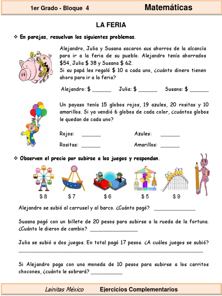 1er Grado - Matemáticas - Problemas de Suma y Resta | PDF | Métodos y ...