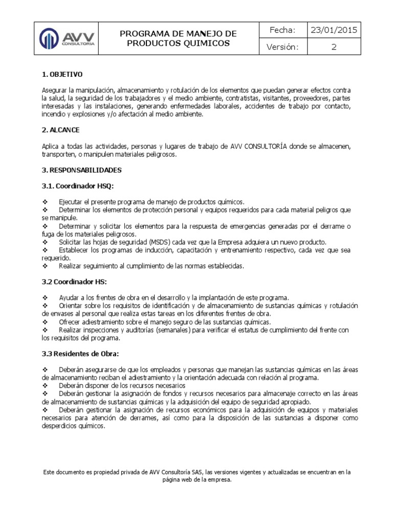 Programa de Manejo de Productos Quimicos | PDF | Material explosivo ...
