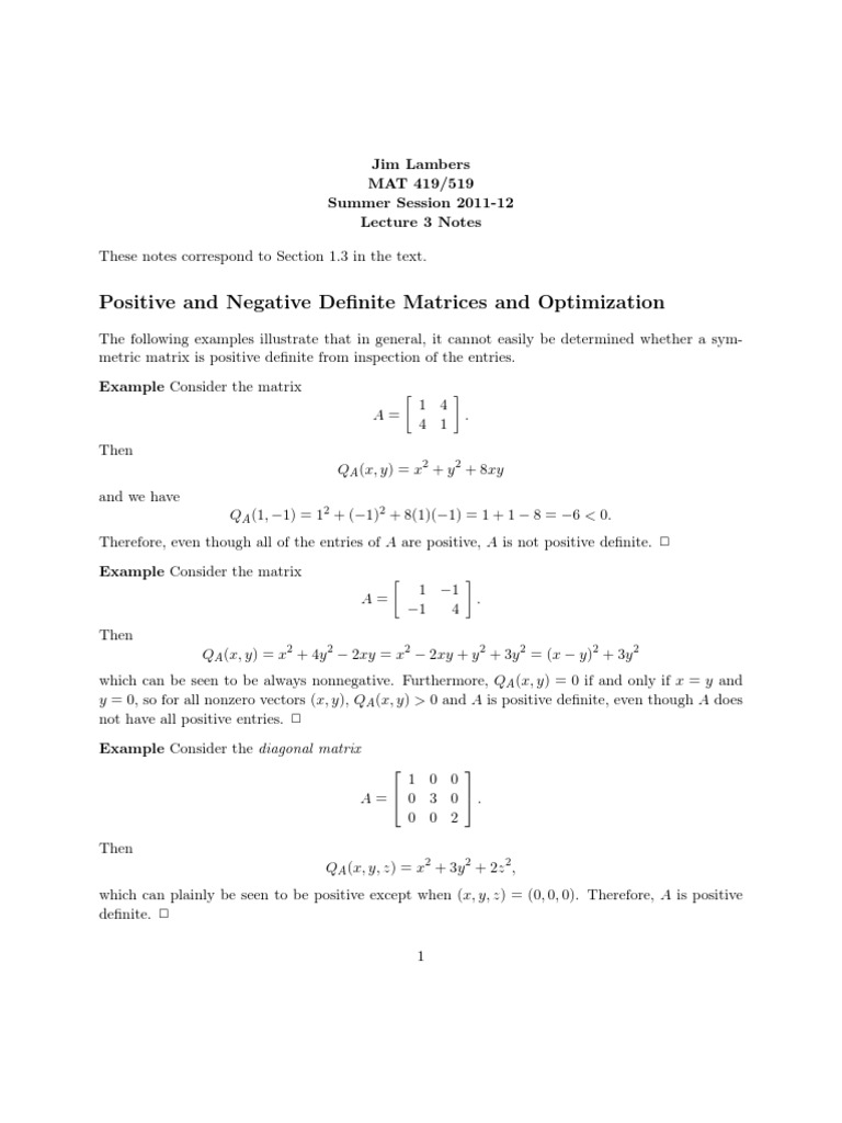 Positive and Negative Definite Matrices and Optimization Lecture Notes ...