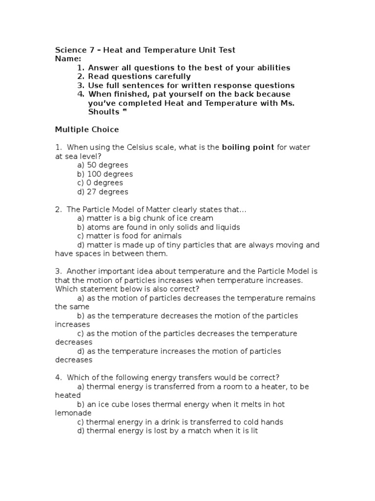 Science 7 Heat and Temperature Unit Test Name | PDF | Temperature | Heat