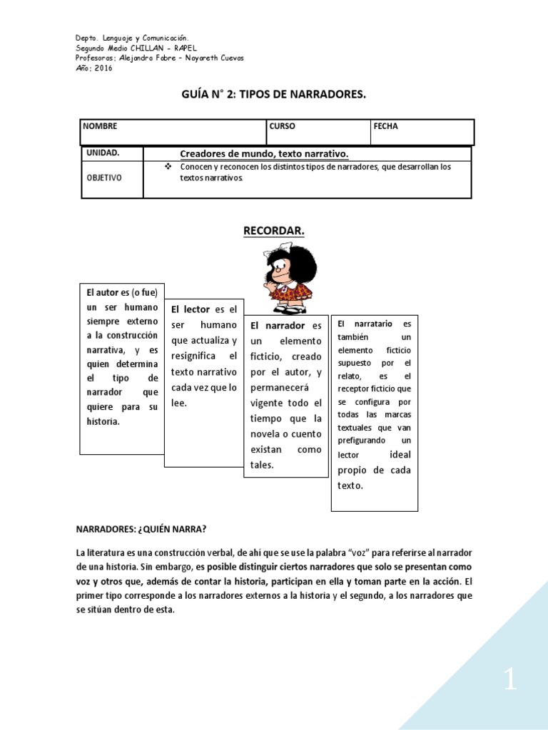 GUIA N° 2 TIPOS DE NARRADORES | Narración | Ciencia filosófica