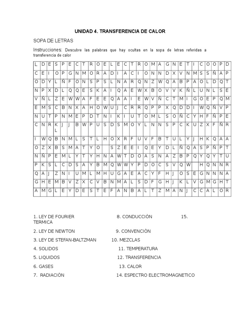 Unidad 4 Sopa de Letra | PDF | Conduccion termica | Termodinámica