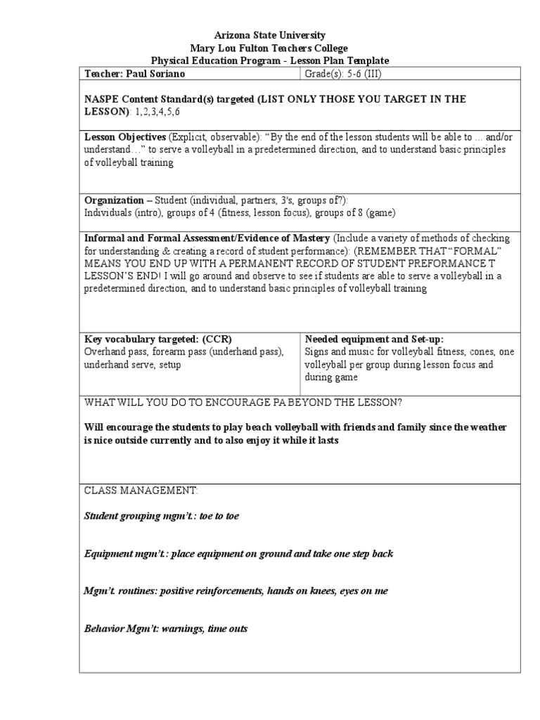 Volleyball Lesson Plan for Grade 5-6 | PDF | Volleyball | Teaching