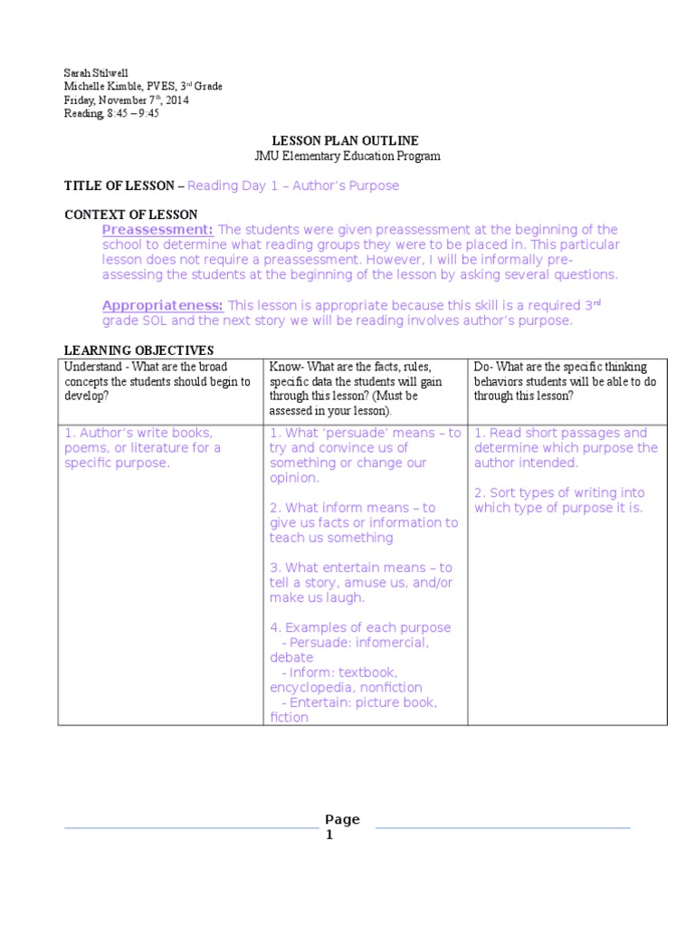 Authors Purpose Lesson Plan | PDF | Lesson Plan | Educational Assessment