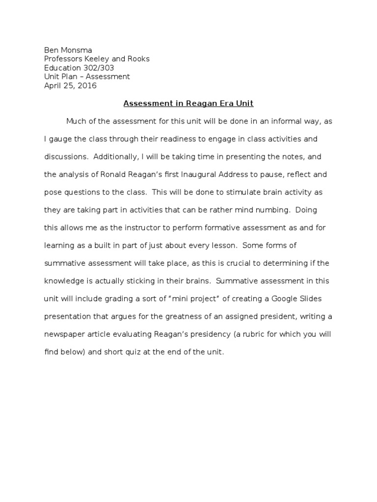 Unit Plan Assessment | PDF