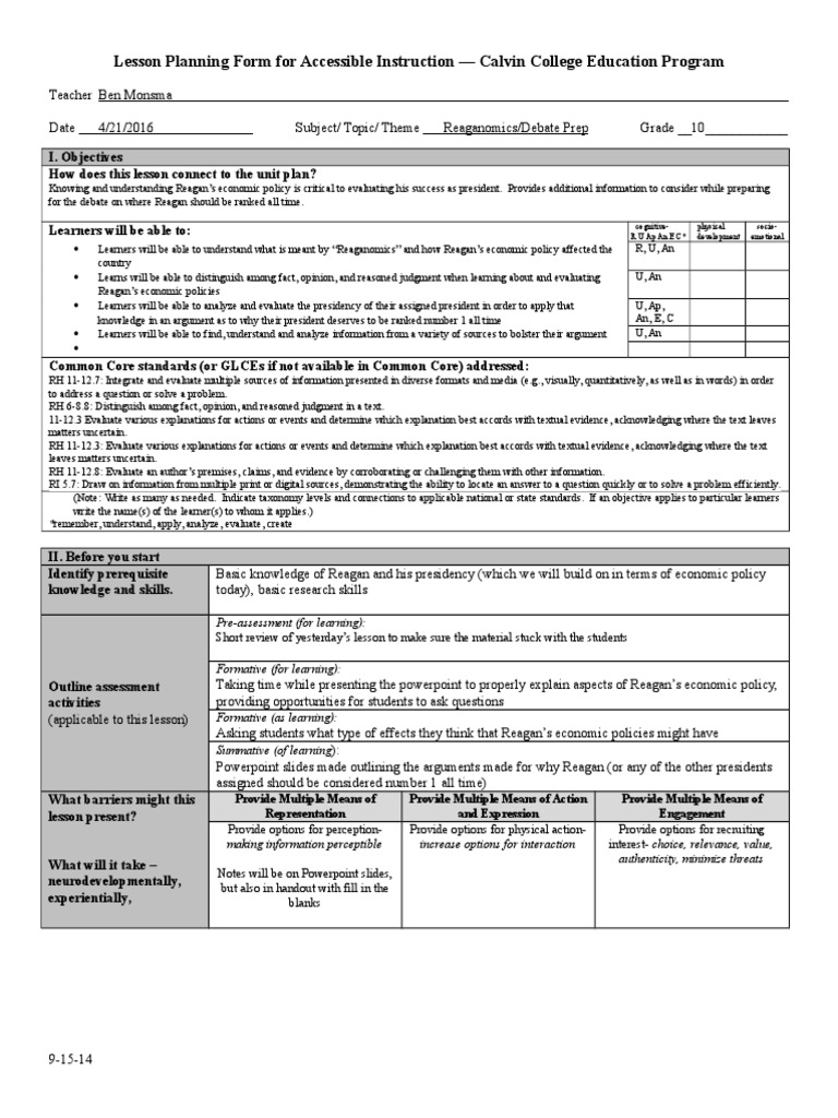 Lesson Plan: Reaganomics Debate | PDF | Lesson Plan | Educational ...