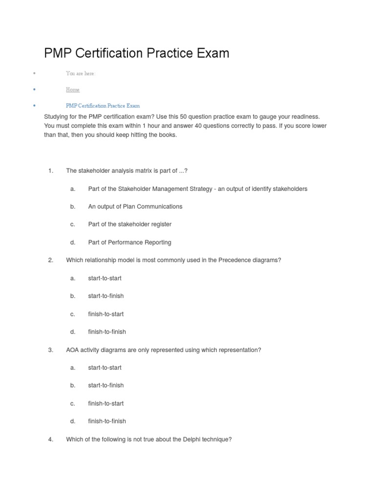 PMP Certification Practice Exam 50 | PDF | Project Management Professional | Risk