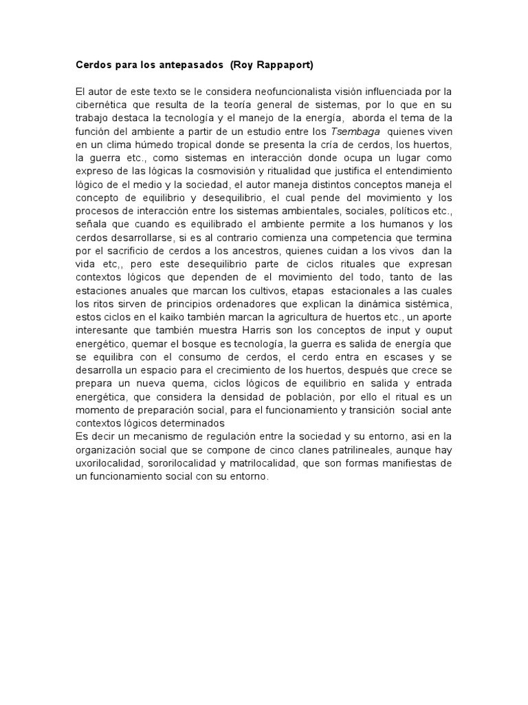 Cerdos y rituales en la cosmovisión Tsembaga | PDF