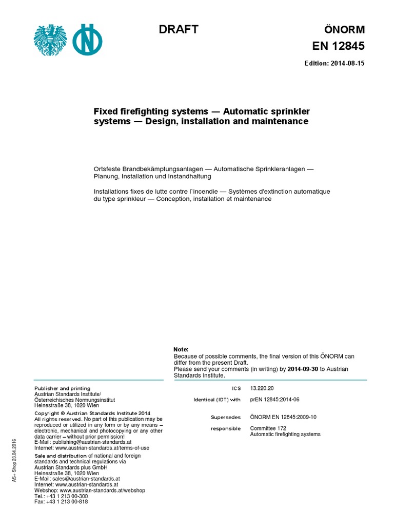 Draft EN 12845 | PDF | Fire Sprinkler System | Pump