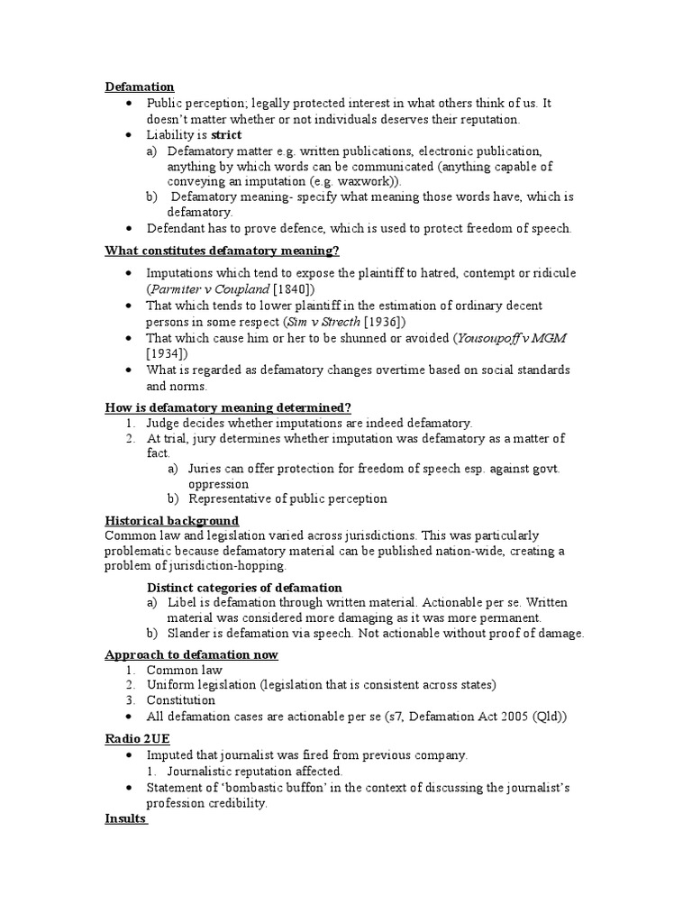 Defamation Notes | PDF | Defamation | Common Law