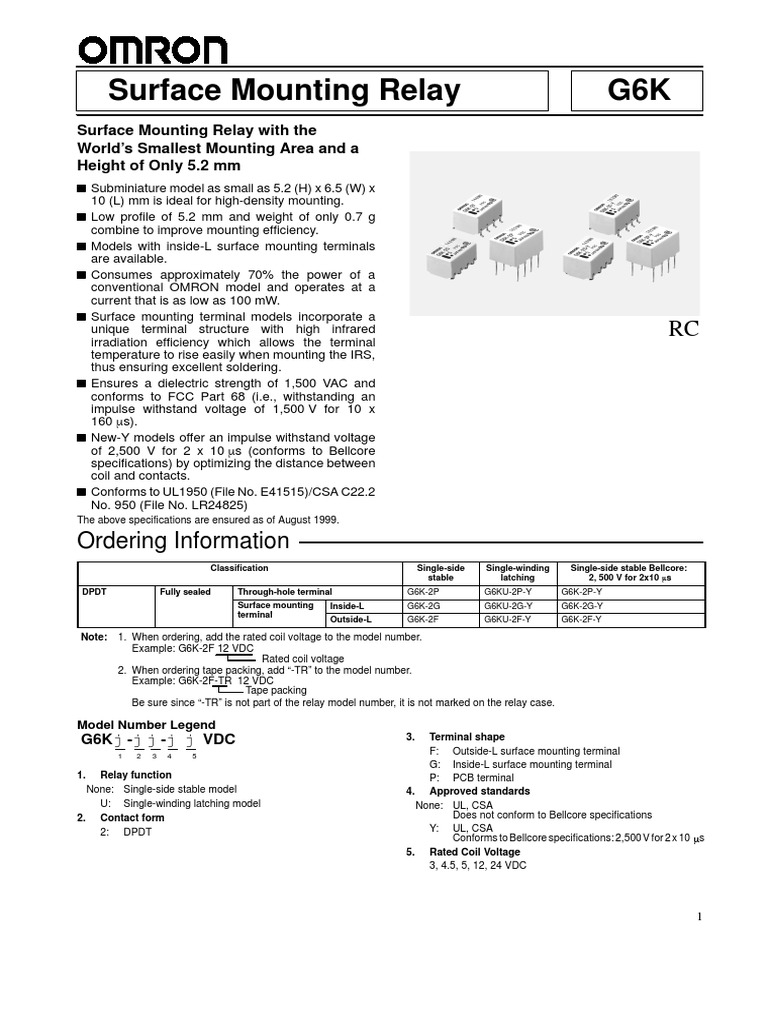 Surface Mounting Relay G6K: Ordering Information | PDF | Relay ...