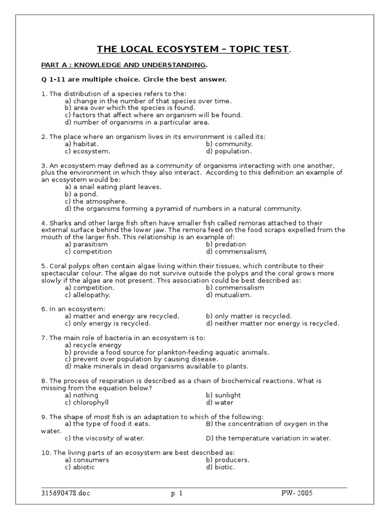 Local Ecosystem - Topic Test | PDF | Ecosystem | Ecology