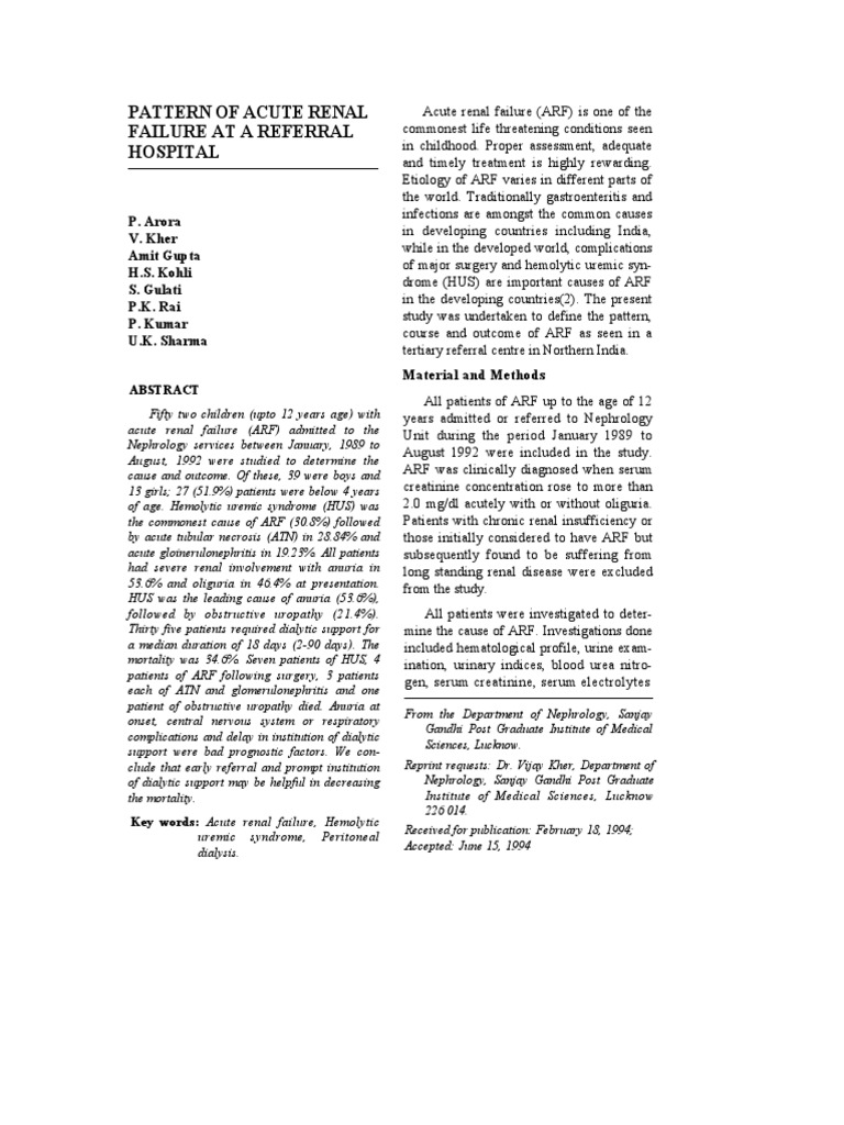 Pattern of Acute Renal Failure at A Referral Hospital | PDF | Dialysis ...