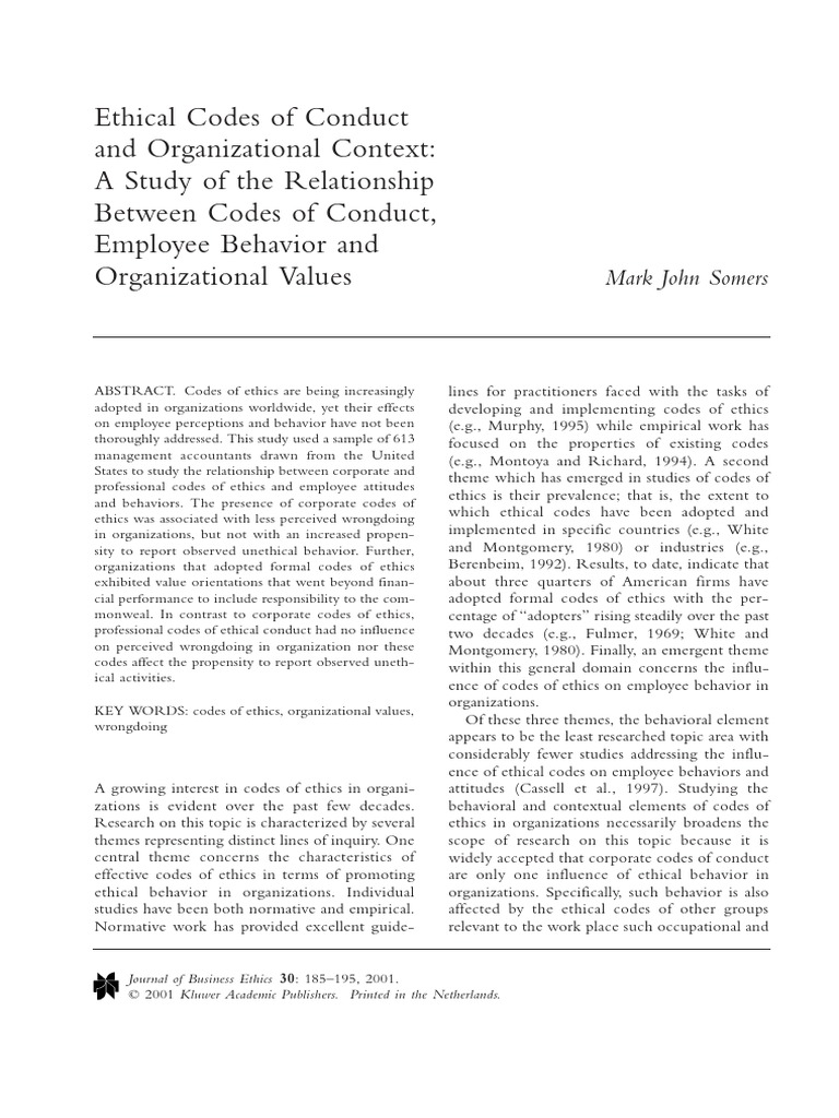 Ethical Codes of Conduct and Organisational Context | PDF | Analysis Of ...