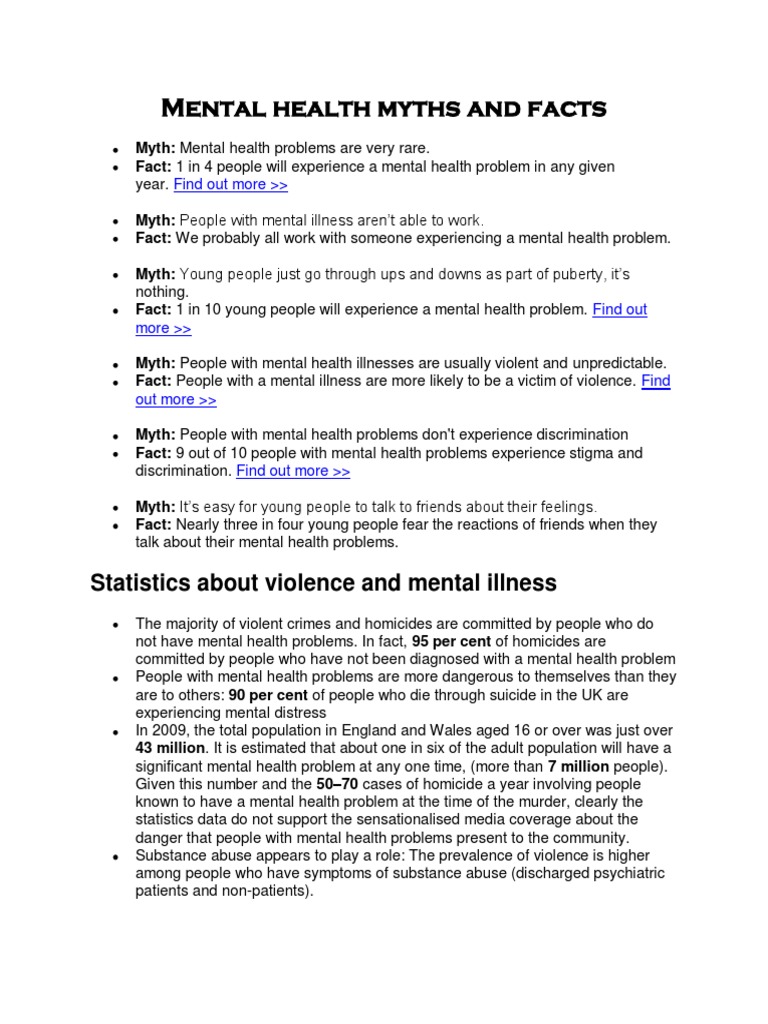 Mental Health Myths and Facts Explained | PDF | Mental Disorder ...