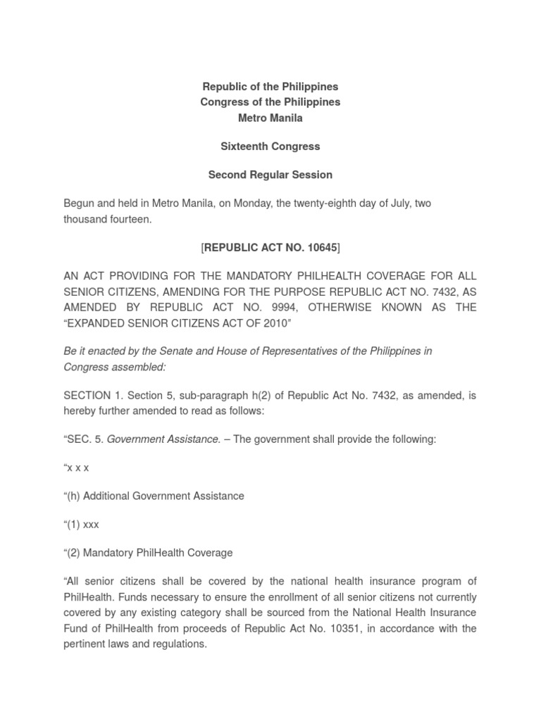 RA 10654 - Mandatory Philhealth Insurance Coverage For All Senior ...