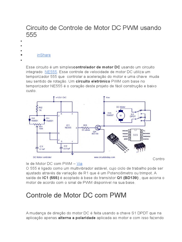 Circuito de Controle de Motor DC PWM Usando 555