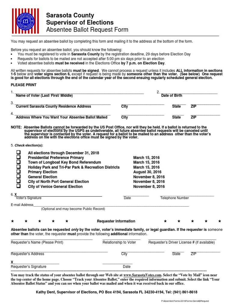 Absentee Ballot Request Form For Sarasota Residents | PDF | Absentee ...