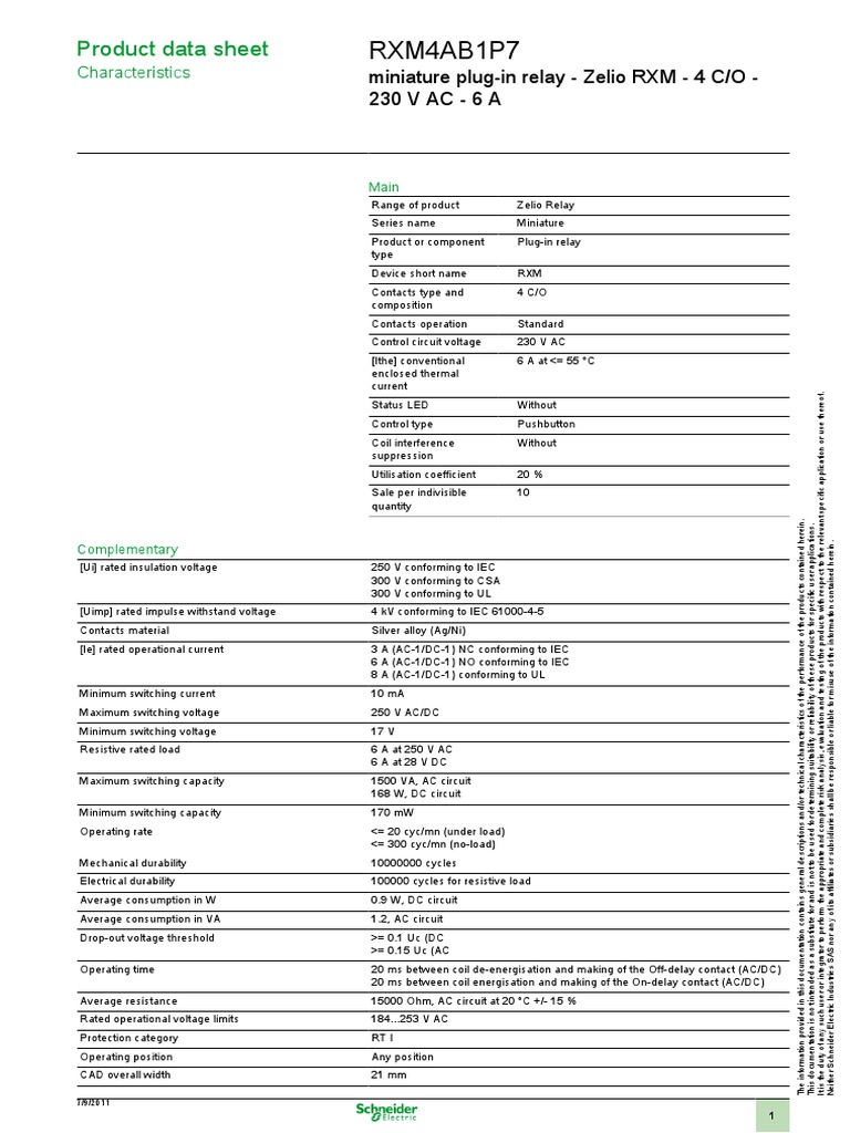 RXM4AB1P7: Product Data Sheet | Download Free PDF | Relay | Voltage
