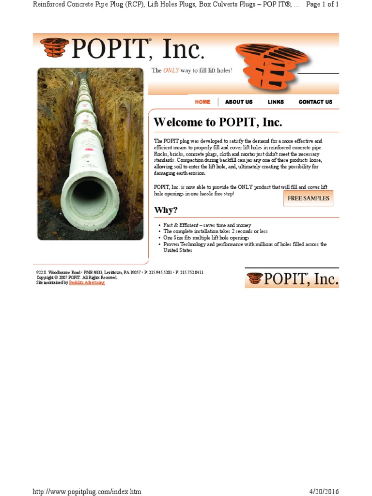 POPIT Inc - Info Plug For Pipe Lifting Holes | PDF