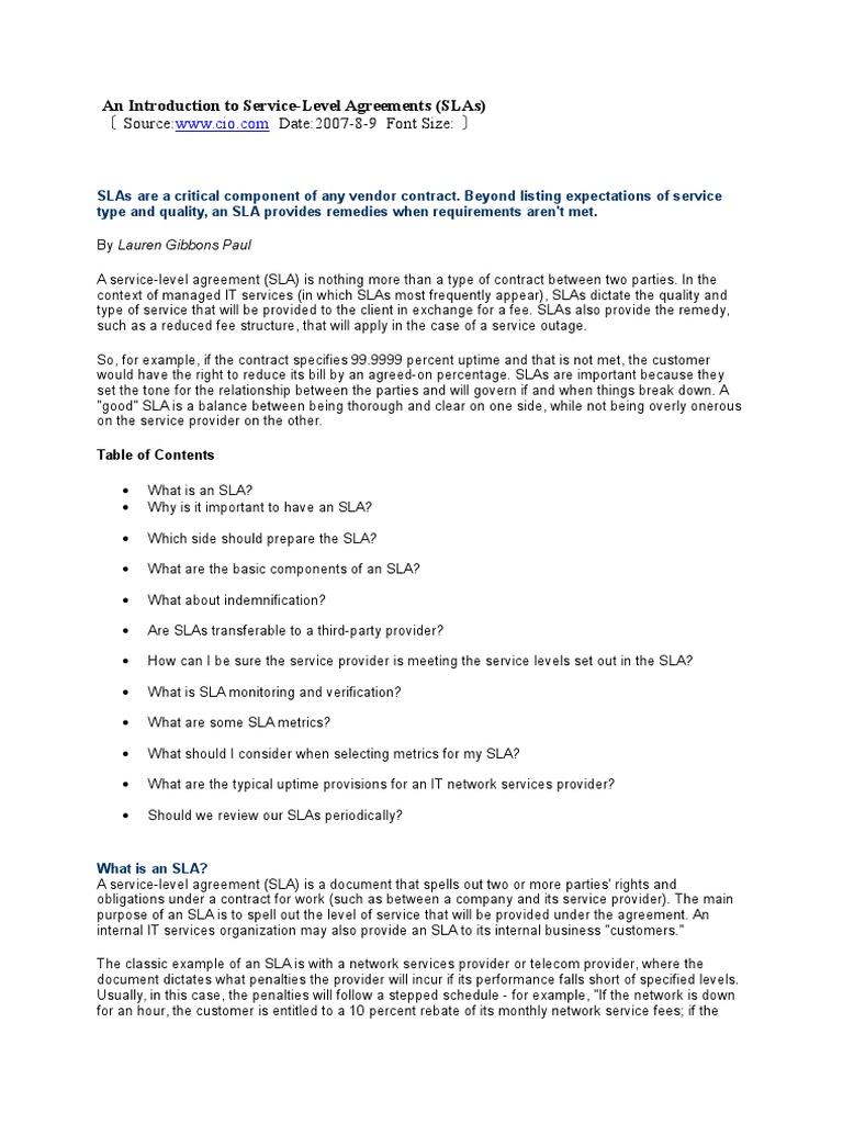 An Introduction To SLA | PDF | Service Level Agreement | Business