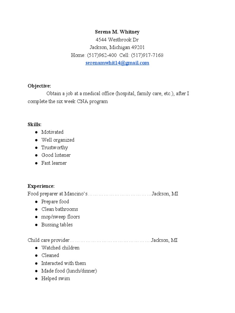 Serena Whitney's Job Application Resume | PDF