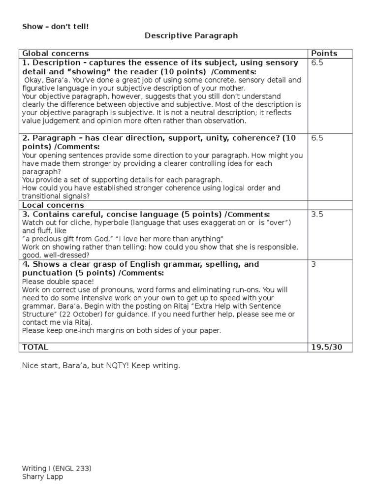 Rubric - Descriptive Paragraph Form | PDF
