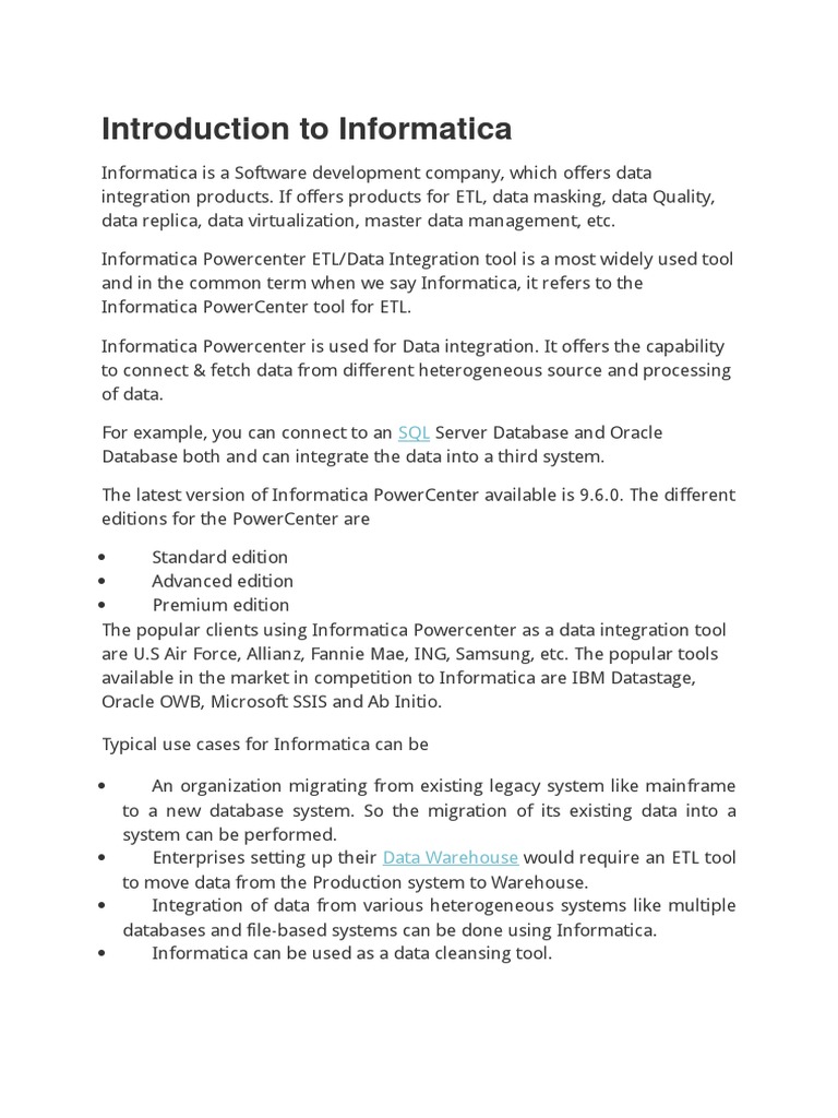 Introduction To Informatica | PDF | Oracle Database | Databases