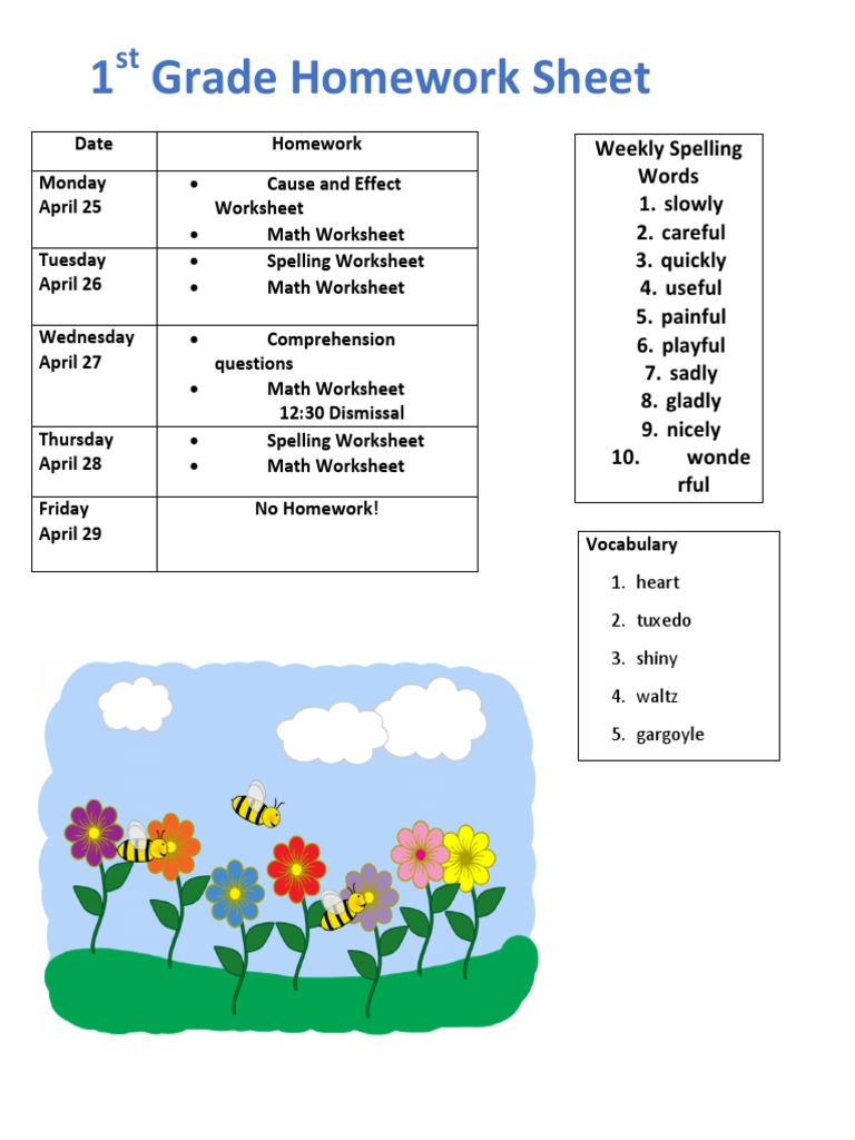1st Grade Weekly Homework Overview | PDF