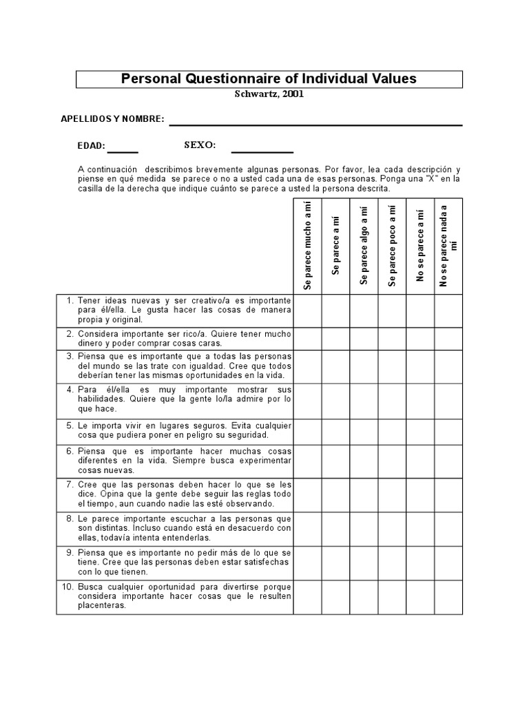 Cuestionario de Valores de Schwartz | PDF