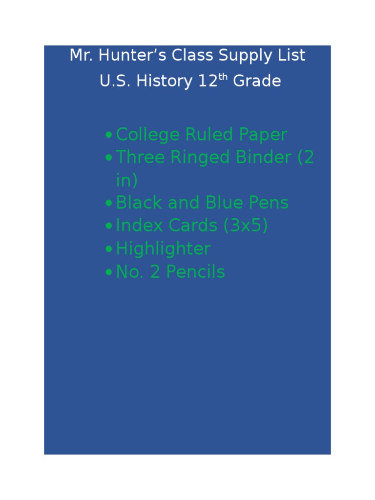 12th Grade U.S. History Supply List | PDF