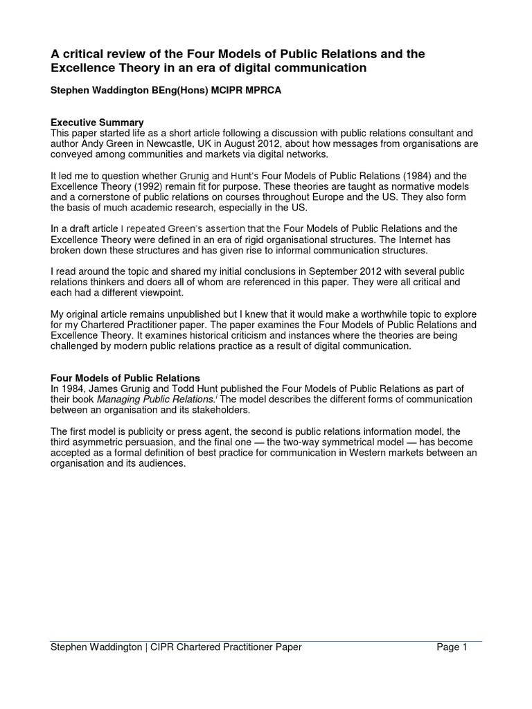 Grunig and Hunt's PR Models Revisited | PDF | Social Science