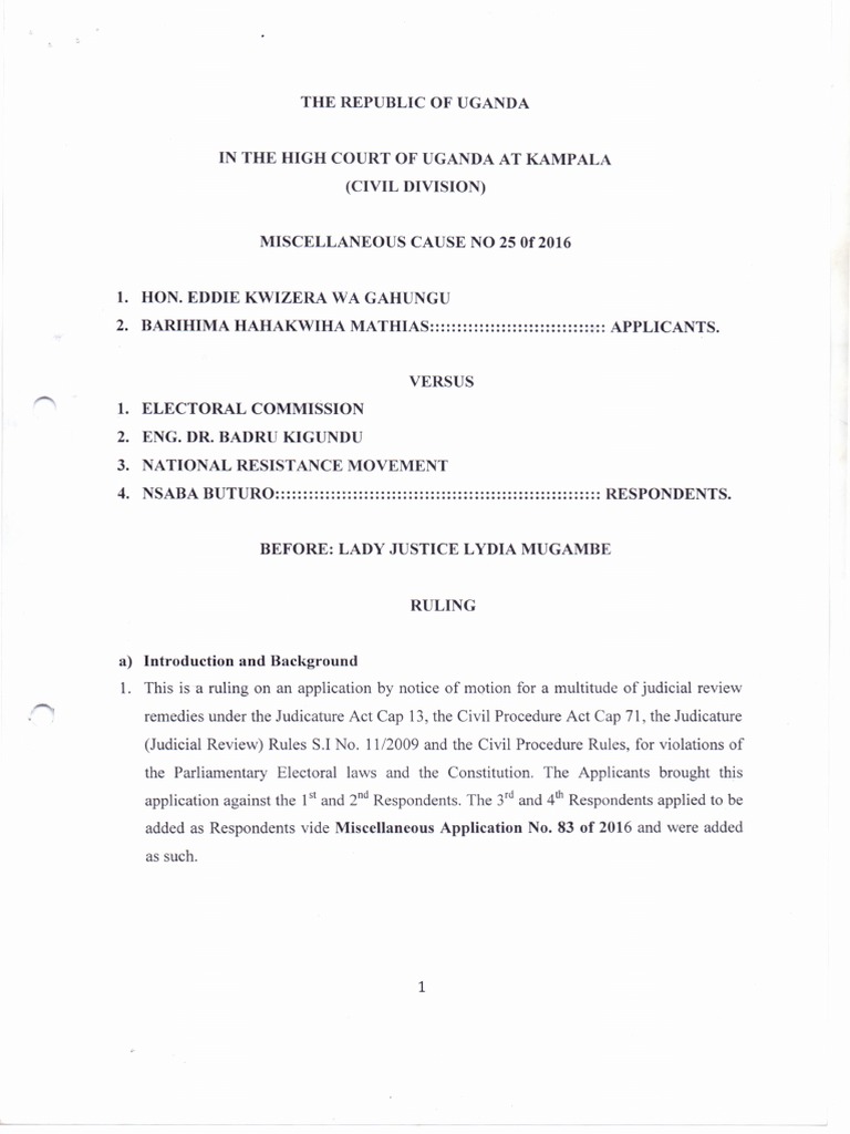 Hon. Eddie Kwizera Vs Nsaba Buturo, National Resistance Movement PDF ...