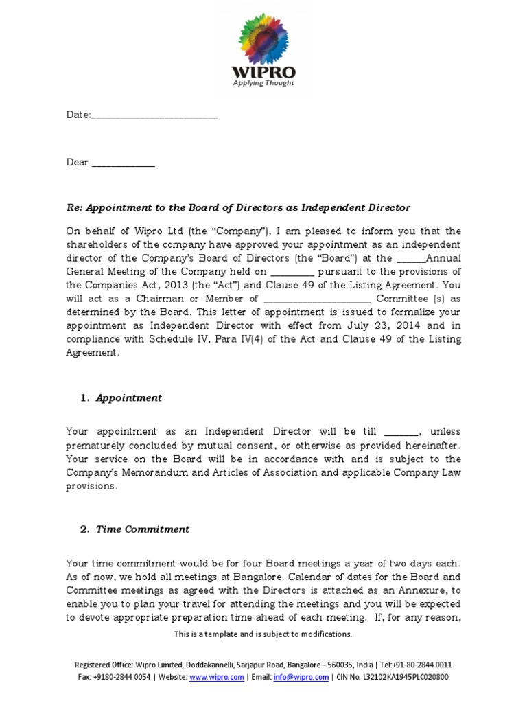 Letter Template For Appointment of Independent Directors | PDF | Board ...