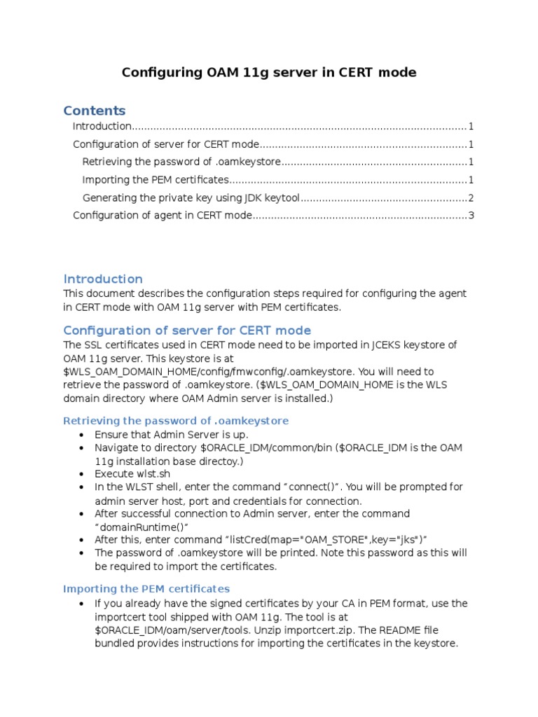 Configuring OAM 11g Server in CERT Mode | PDF | Public Key Certificate ...